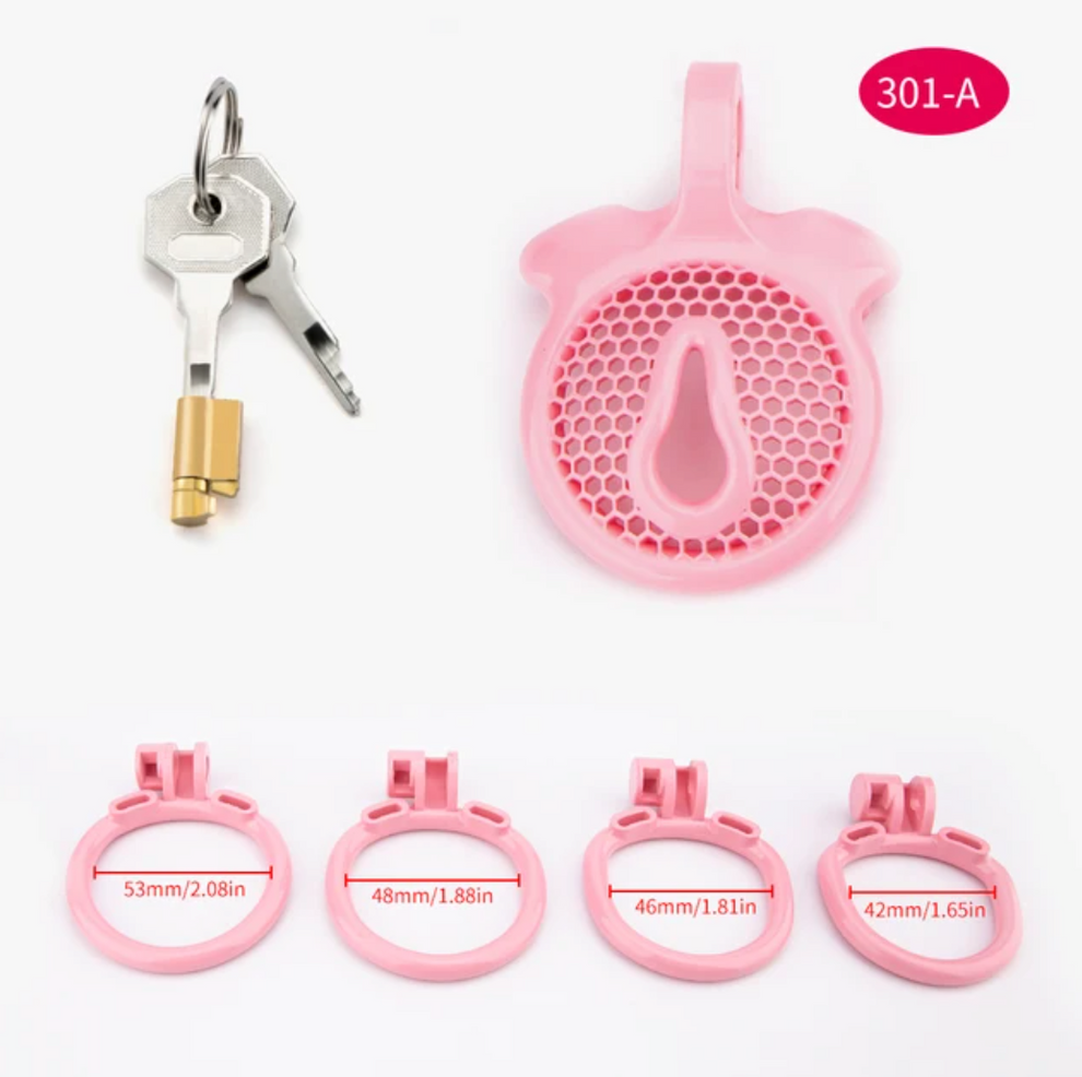 Micro Pink Chastity Cage Set with 4 Rings Lightweight Small Sissy Pussy ...